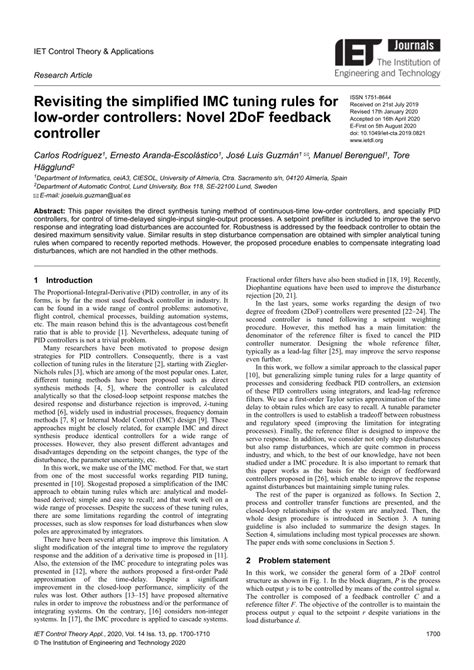 Pdf Revisiting The Simplified Imc Tuning Rulesfor Low Order Controllers 2dof Feedbackcontroller