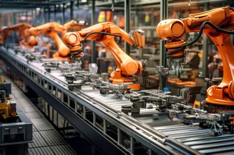 Row Of Automatic Robots At Automated Production Line In Factory Stock