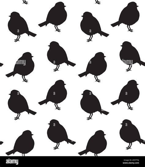 Vector Seamless Pattern Of Hand Drawn Robin Redbreast Bird Silhouette Isolated On White