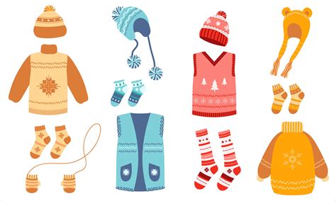 Set Of Warm Winter Clothes Design Winter Accessories Cartoon Vector