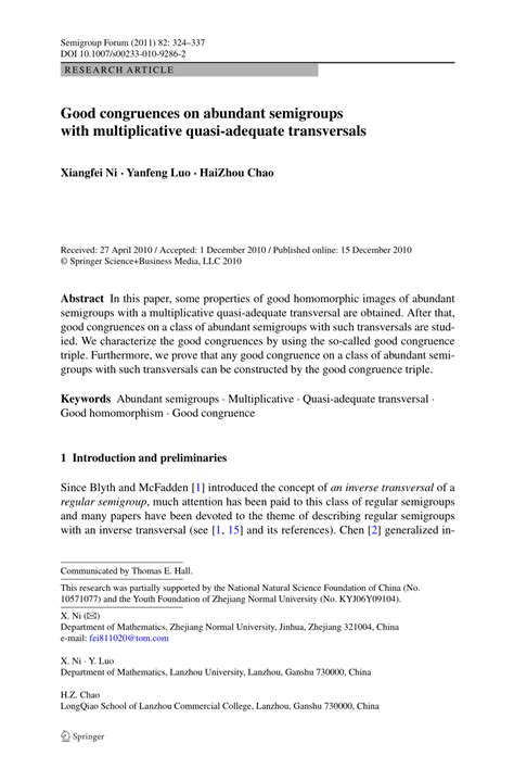 Pdf Good Congruences On Abundant Semigroups With Multiplicative Quasi Adequate Transversals