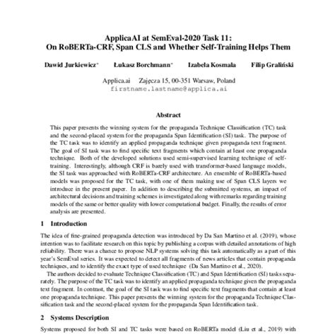 Applicaai At Semeval 2020 Task 11 On Roberta Crf Span Cls And Whether