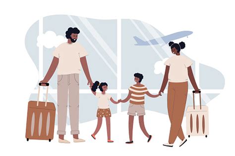 여행 가방을 들고 공항에서 행복한 아프리카계 미국인 가족 행복한 아버지 어머니 아들 딸이 여행을 떠날 준비가 되었습니다 가족 휴가 및 여행 컨셉 가방에 대한 스톡 벡터 아트