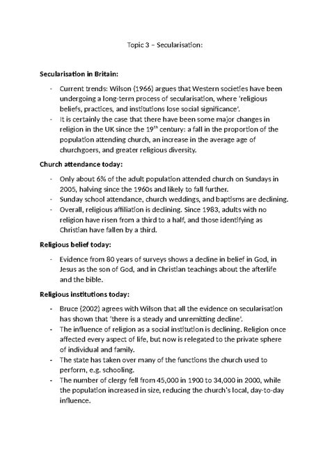 Secularisation Notes Topic 3 Secularisation Secularisation In
