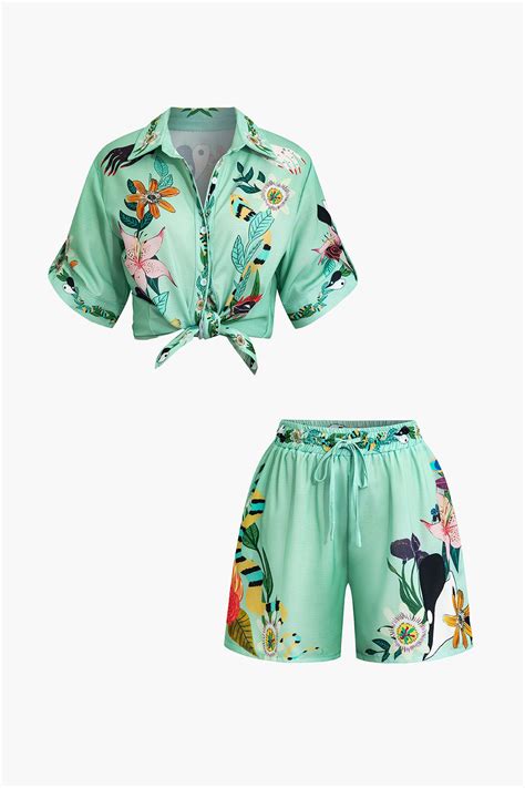 Botanical Print Shirt And Shorts Set In 2024 Short Sets Black Short