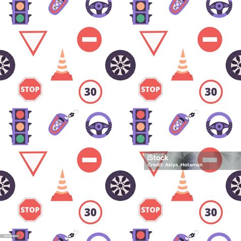 다른 트래픽 요소와 원활한 패턴 교통 표지판 조명 스티어링 휠 콘 자동차 키 트렌디한 색상의 플랫 벡터 일러스트레이션 규칙에 대한 스톡 벡터 아트 및 기타 이미지 Istock