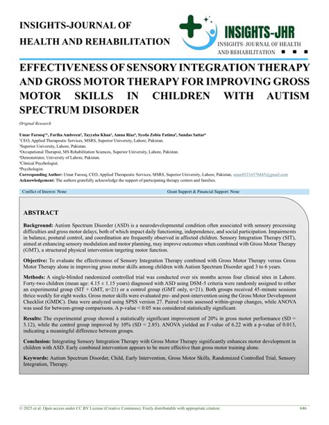Pdf Effectiveness Of Sensory Integration Therapy And Gross Motor Therapy For Improving Gross