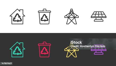 재활용 라인 휴지통 재활용 전기 타워 및 태양 에너지 패널이 있는 에코 하우스를 흑백으로 설정합니다 벡터 0명에 대한 스톡 벡터