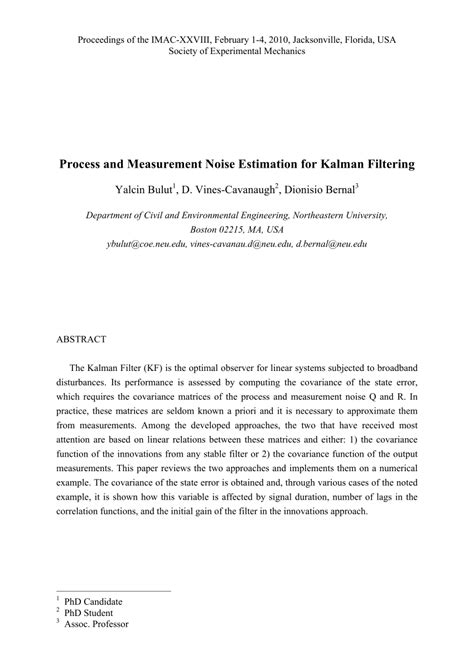 Pdf Process And Measurement Noise Estimation For Kalman Filtering