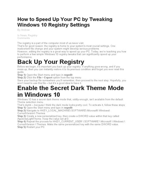 How To Speed Up Your Pc By Tweaking Windows 10 Registry Settings Download Free Pdf Windows