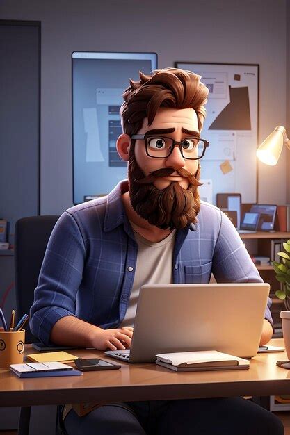 Premium Photo Bearded Guy Sitting In Front Of Laptop Man Work On Computer Freelancer 3d Render