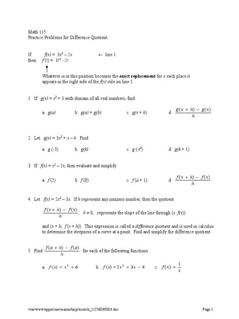 Differnce Quotients Worksheet Pdf Slope Calculus