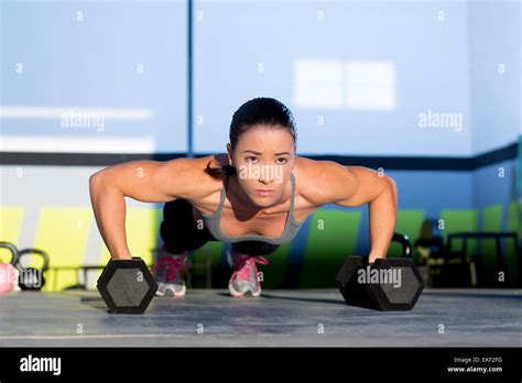 Gym Woman Push Up Strength Pushup With Dumbbell Stock Photo Alamy