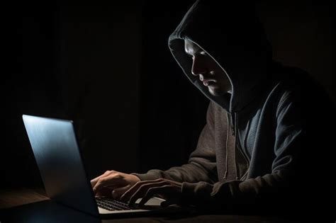 Premium AI Image Hooded Hacker Stealing Data From Laptop At Night In Dark Room