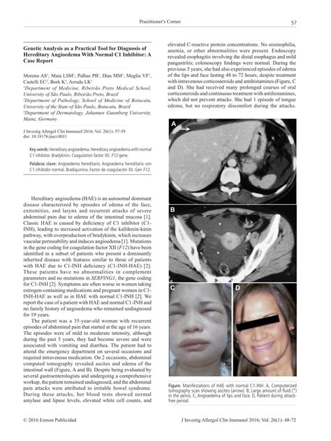 Pdf Genetic Analysis As A Practical Tool For Diagnosis Of Hereditary Angioedema With Normal C1