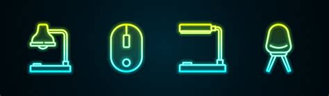 라인 테이블 램프 컴퓨터 마우스 및 사무실 의자를 설정하십시오 빛나는 네온 아이콘입니다 벡터 0명에 대한 스톡 벡터 아트 및 기타 이미지 Istock