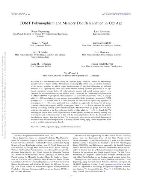 Pdf Comt Polymorphism And Memory Dedifferentiation In Old Age