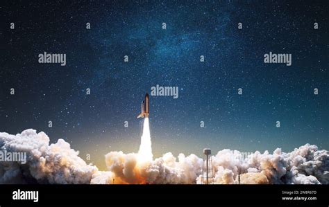 New Space Ship Shuttle With Blast And Puffs Of Smoke Successfully Takes Off Up Into The Starry