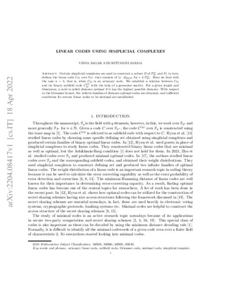 Pdf Linear Codes Using Simplicial Complexes