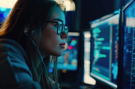 Premium Photo Female It Programmer In Data Center With Team Coding