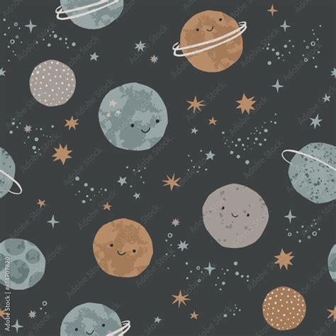 Cute Planets In Space Hand Drawn Cosmos Pattern Space Kawaii