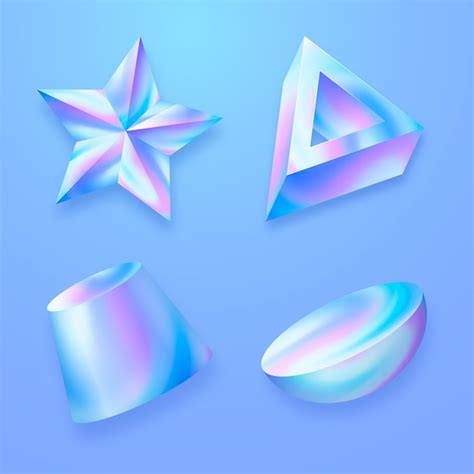 그라디언트 홀로그래픽 3d 모양 컬렉션 요소 프리미엄 벡터