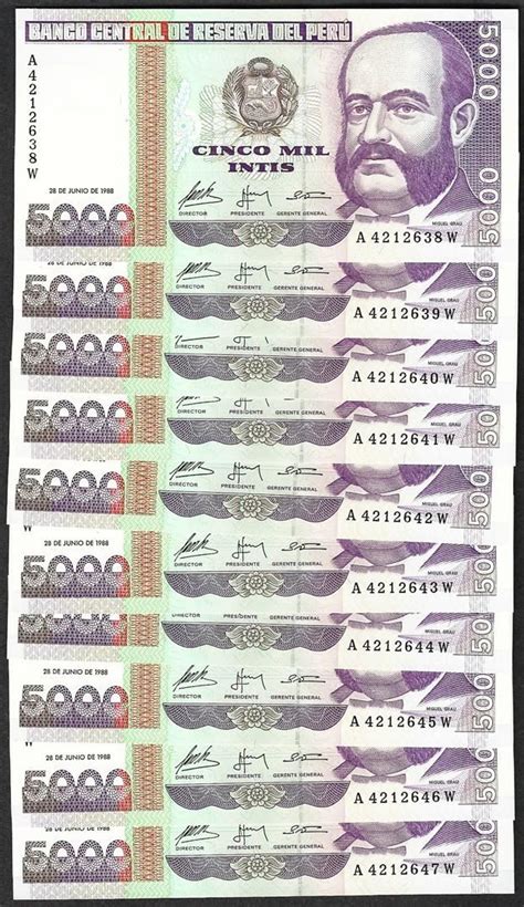 Lot Of 10 1988 Peru Cinco Mil Intis Uncirculated Bank Notes