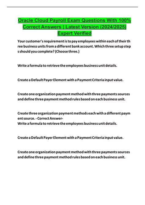 Oracle Cloud Payroll Exam Questions With 100 Correct Answers Latest Version 2024 2025