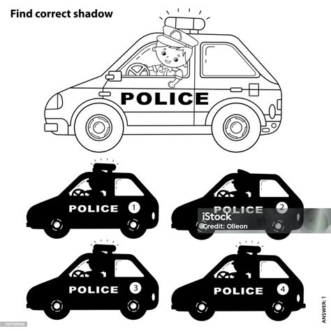 아이들을위한 교육 퍼즐 게임 올바른 그림자를 찾습니다 경찰 차 자동차와 만화 경찰관의 색칠 페이지 개요 어린이를위한 색칠 공부 책 경찰차에 대한 스톡 벡터 아트 및 기타