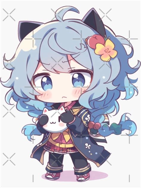 Blue Haired Anime Chibi W Cat Plushie Sticker For Sale By Scarletclover Redbubble