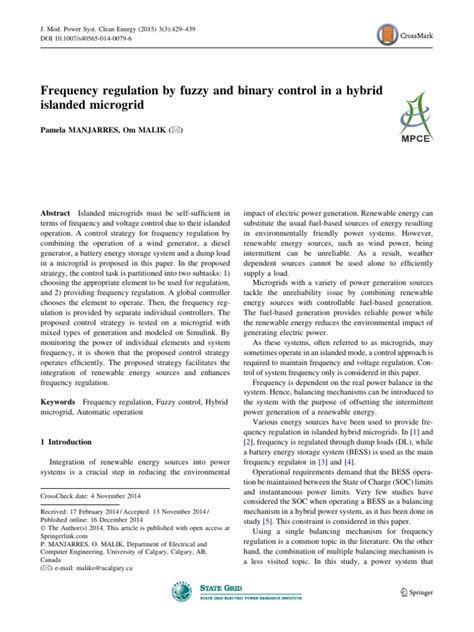 Frequency Regulation By Fuzzy And Binary Control In A Hybrid Islanded Microgrid Pdf