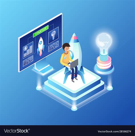 Man Coding Monitor With Info Startup Business Vector Image