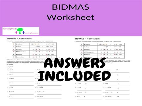 Bidmas Worksheet Teaching Resources