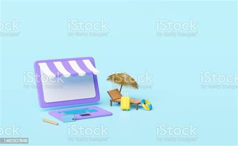 상점 정면 해변 의자 야자수 잎 우산 구명 부표 파란색으로 격리 된 여행 가방 Backgroundonline 쇼핑 여름 판매