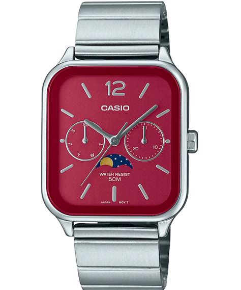 Casio Mens Watch Red Multi Dial Moon Phase Stainless Steel Strap M