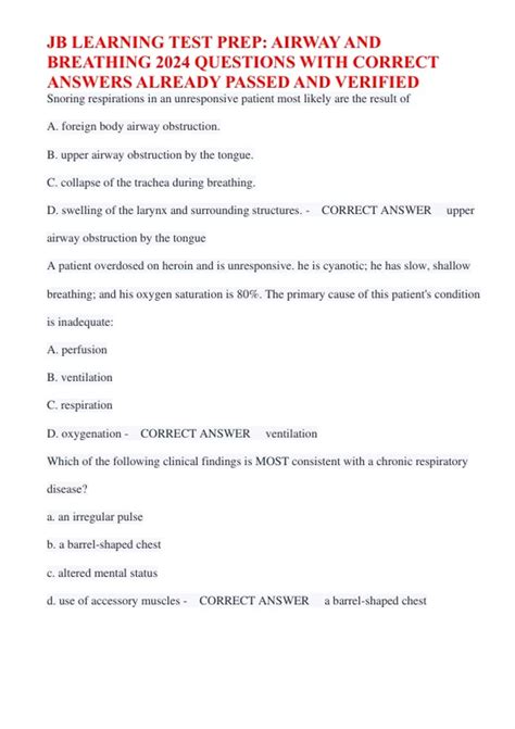 JB LEARNING TEST PREP AIRWAY AND BREATHING QUESTIONS WITH CORRECT ANSWERS ALREADY PASSED