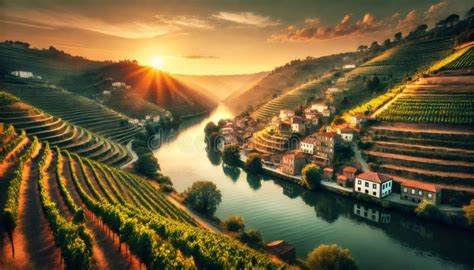 Douro Valley Vineyards Reflecting In River At Sunset Portugal Stock
