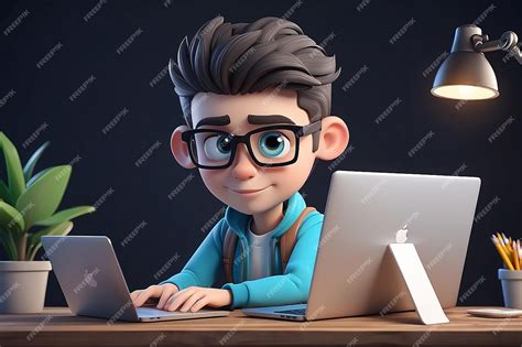 Premium Photo Cartoon 3d Character Developer Designer Working On Laptop Web App Development