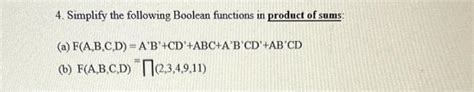 Solved 4 Simplify The Following Boolean Functions In