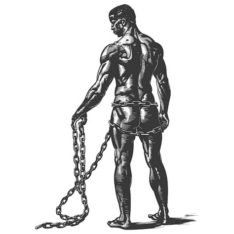 Man Slave With Shackle Full Body With Engraving Style Black Color Only