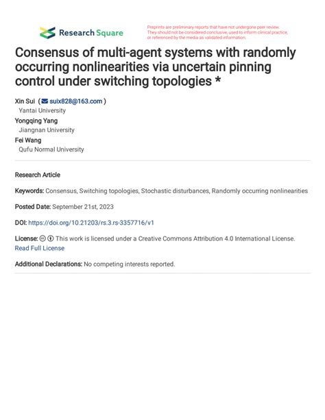 Pdf Consensus Of Multi Agent Systems With Randomly Occurring Nonlinearities Via Uncertain