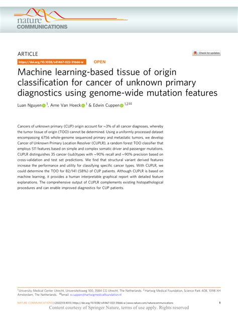 Pdf Machine Learning Based Tissue Of Origin Classification For Cancer