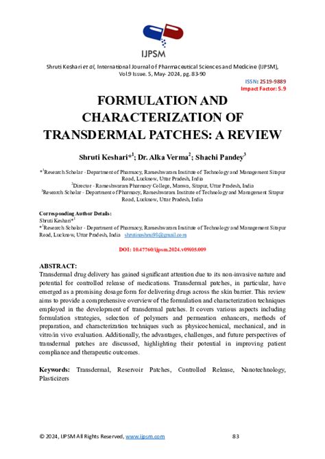 Pdf Formulation And Characterization Of Transdermal Patches A Review