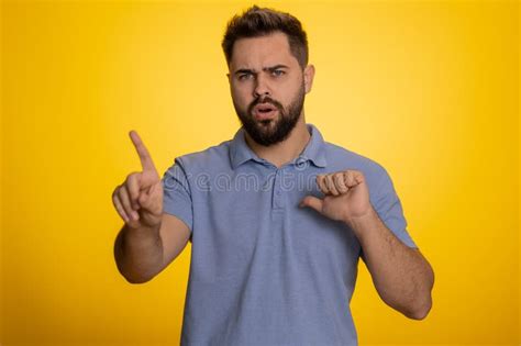 Confused Displeased Surprised Caucasian Man Pointing Fingers Hisself