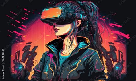 Cyberpunk Futuristic Female Wearing Virtual Reality Goggles Conceptual Technology Showing A