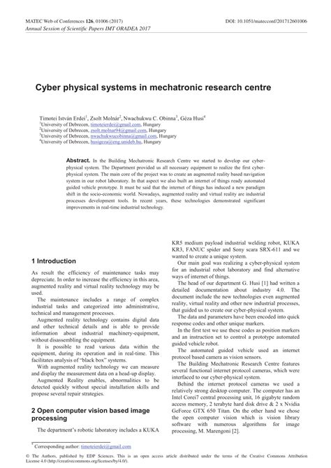 Pdf Cyber Physical Systems In Mechatronic Research Centre