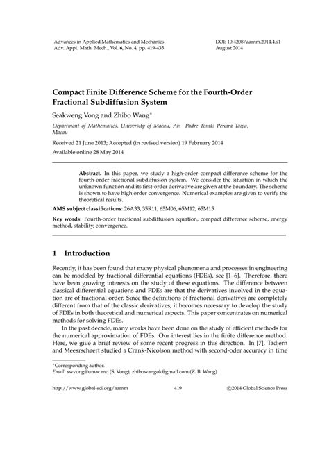 Global Science Press Compact Finite Difference Scheme For The Fourth Order Fractional