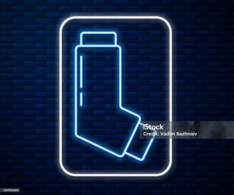 벽돌 벽 배경에 격리 빛나는 네온 라인 흡입기 아이콘입니다 기침 완화 흡입 알레르기 환자를위한 호흡기 의료 알레르기 천식 흡입기