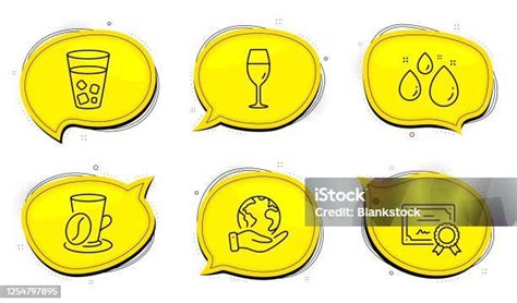 물 방울 커피 컵 및 와인 잔 아이콘 세트 아이스 티 사인 아쿠아 라떼 음료 부르고뉴 유리 소다 음료 벡터 0명에 대한 스톡