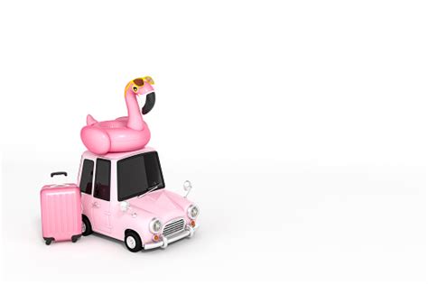 분홍색 플라밍고 플로트 열대 조류 모양풍선 수영장 링 흰색 배경 3d 렌더링에 차량에 넣어 수하물 3d 일러스트 여름과 여행 최소한의 개념 3차원 형태에 대한 스톡 사진 및